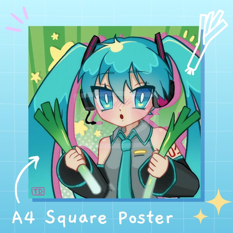 Hatsune Miku With Leeks Art Print, Digital Illustration, A4 Square ...