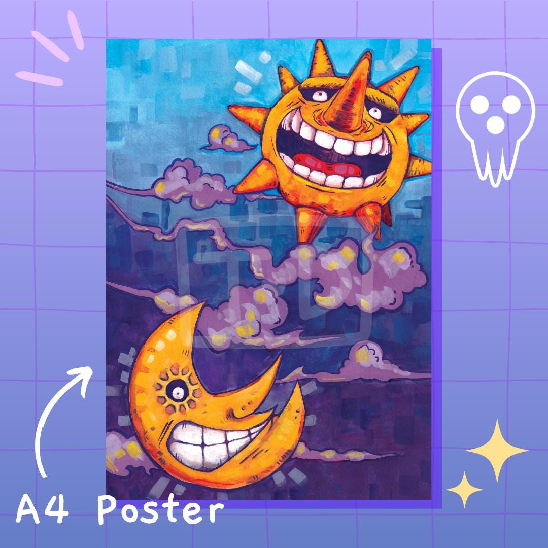 Sun and Moon Background Scene Poster, Gouache Painting, A4 or A5, Art ...