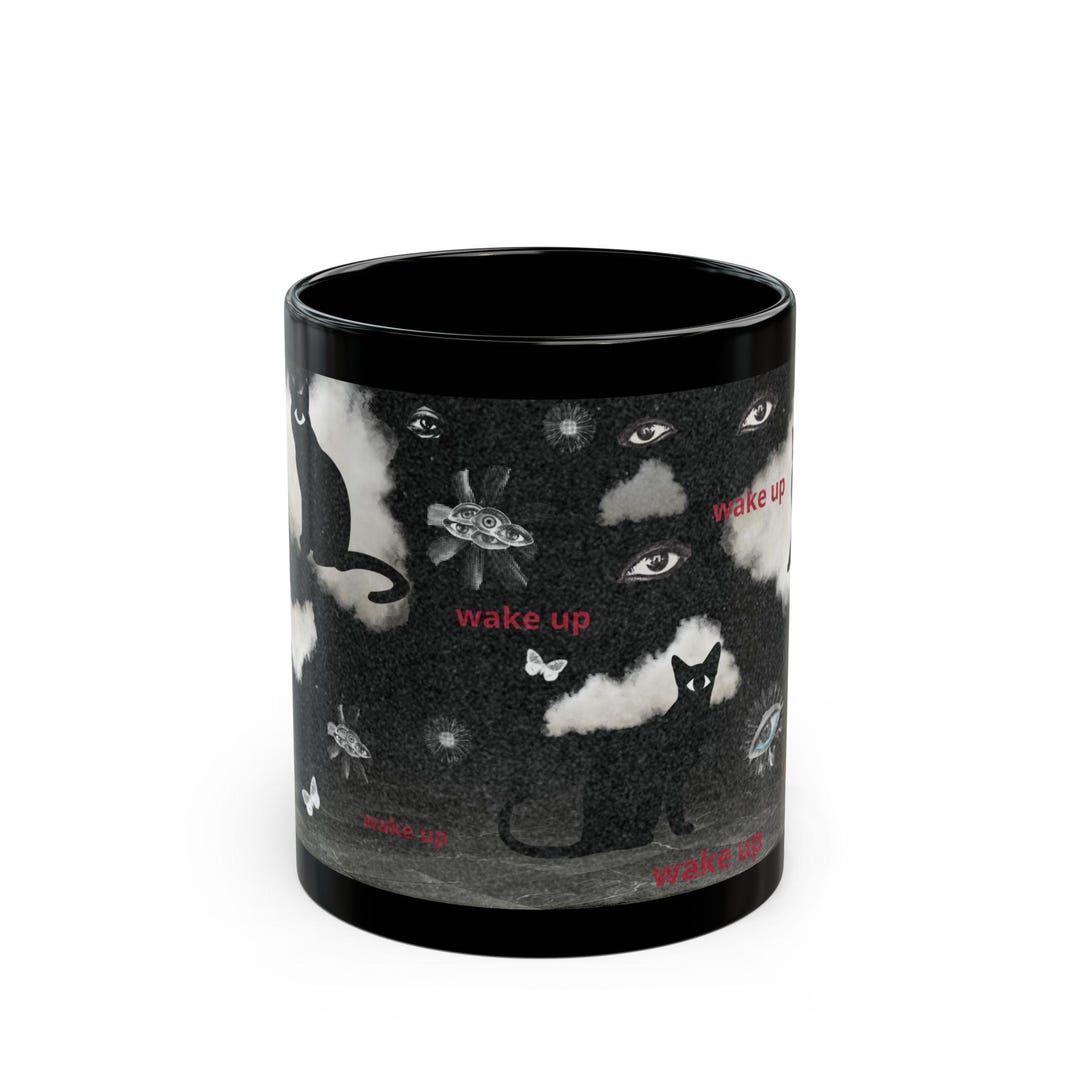 Dreamcore Halloween Coffee Mug, Black Cat Surreal Art, 11oz - Etsy