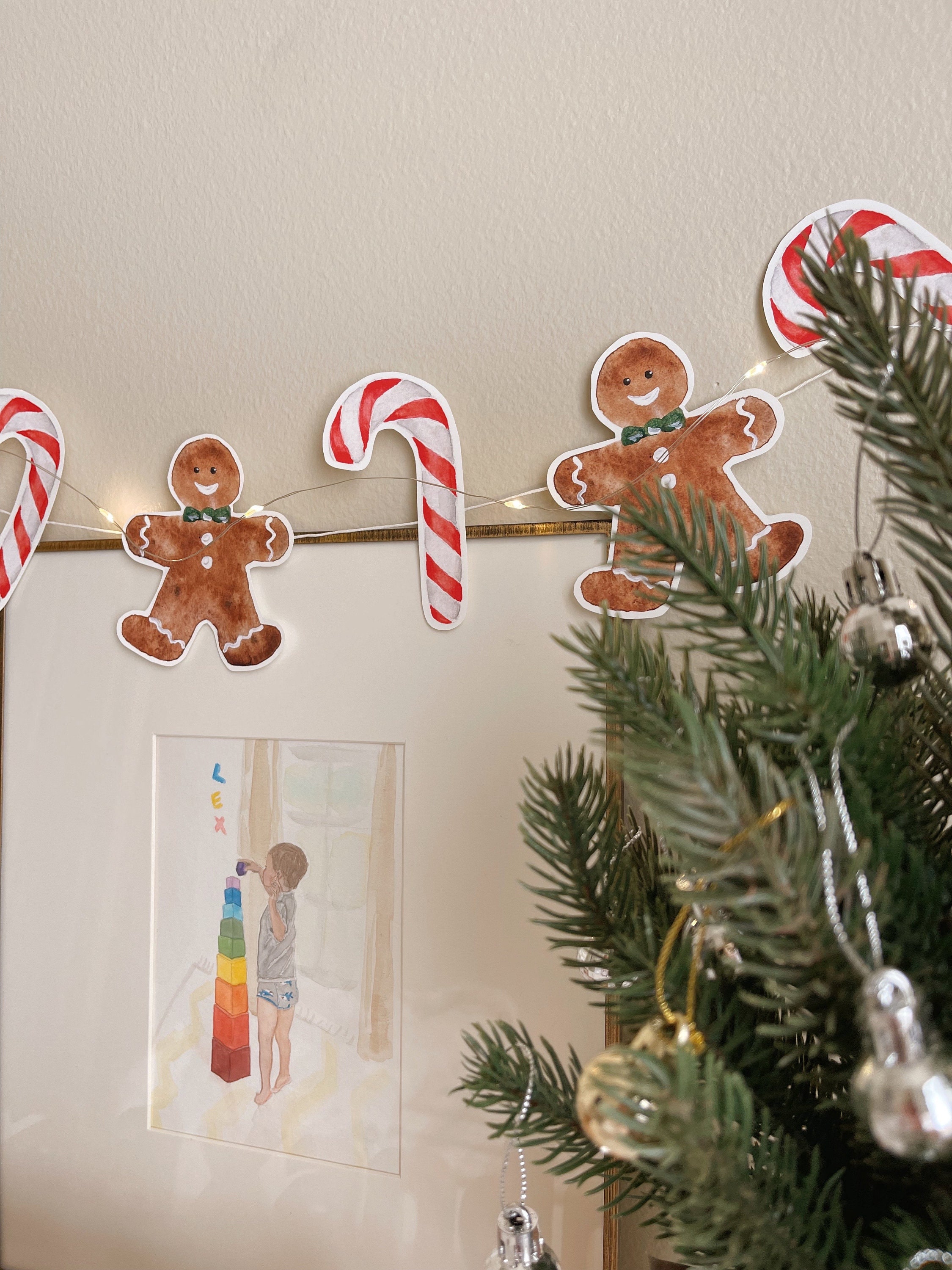 Christmas Gingerbread Man Printable Garland, Watercolor Candy Cane, DIY ...