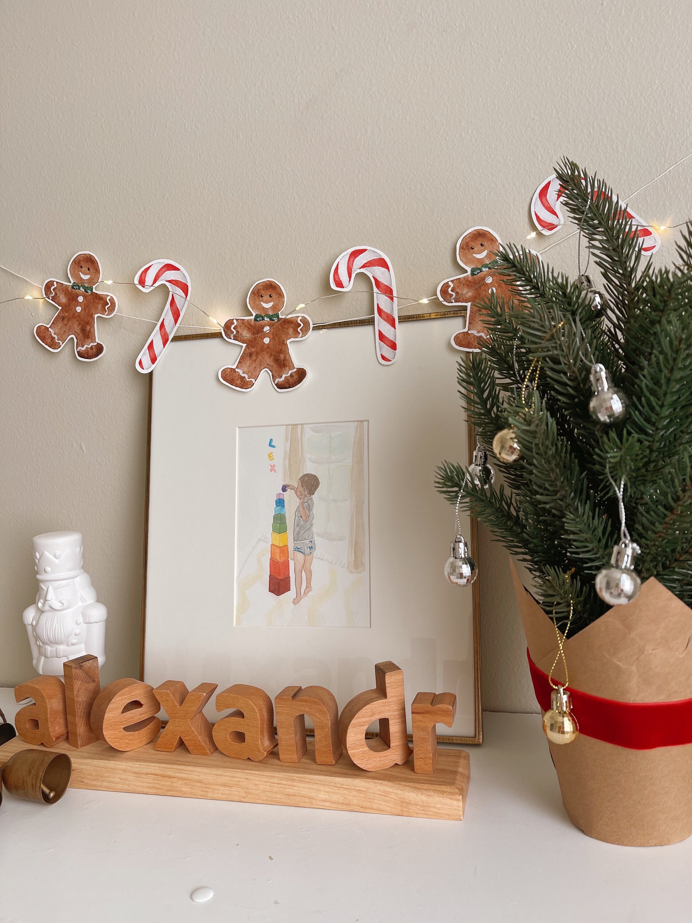 Christmas Gingerbread Man Printable Garland, Watercolor Candy Cane, DIY ...