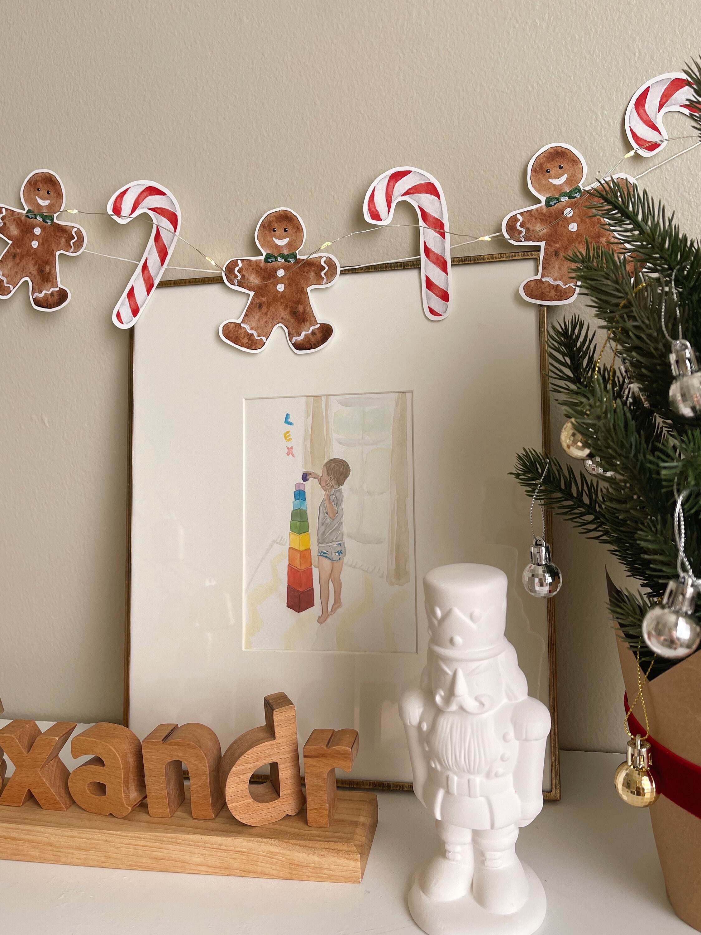 Christmas Gingerbread Man Printable Garland, Watercolor Candy Cane, DIY ...
