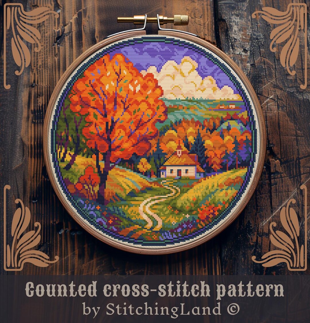 Autumn House Cross Stitch Pattern: Fall Nature Embroidery Design ...