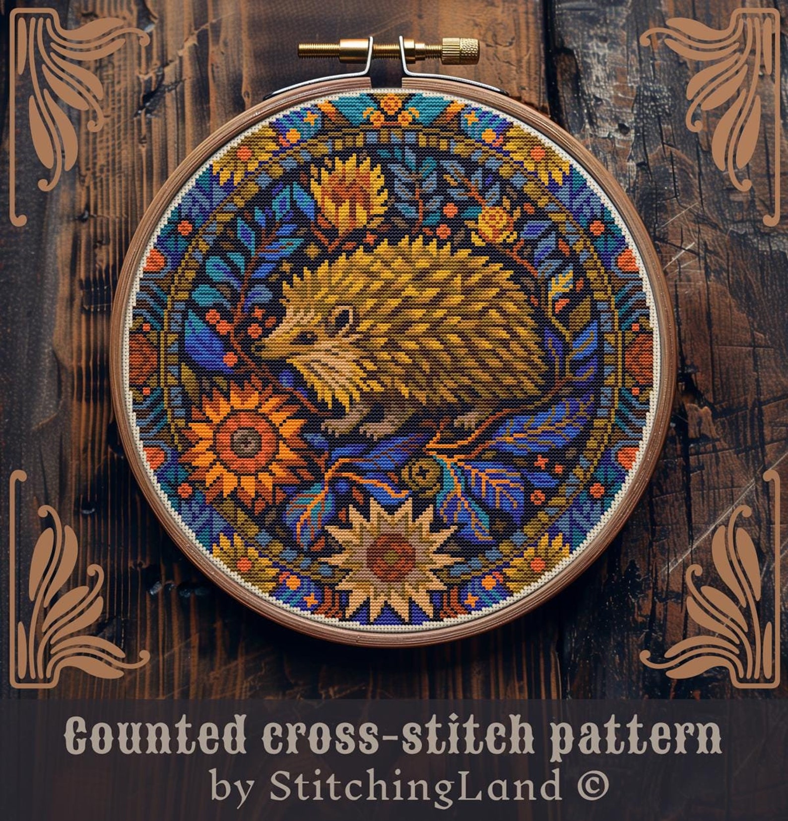 Hedgehog Cross Stitch Pattern, Art Nouveau Cross Stitch, Forest Animal ...