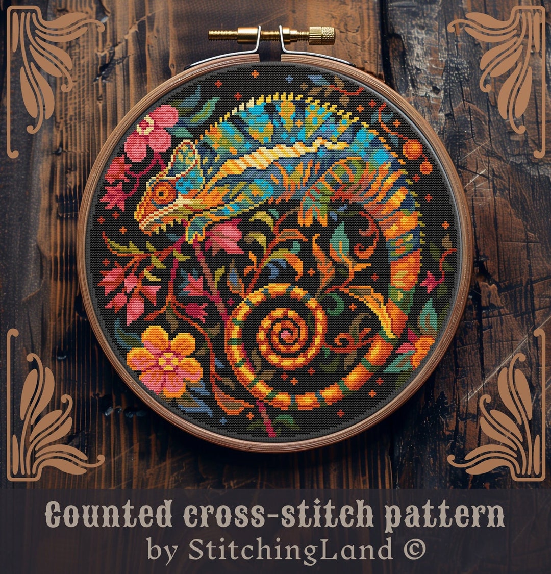 Chameleon Cross Stitch Pattern, Art Nouveau Cross Stitch, Floral Cross ...