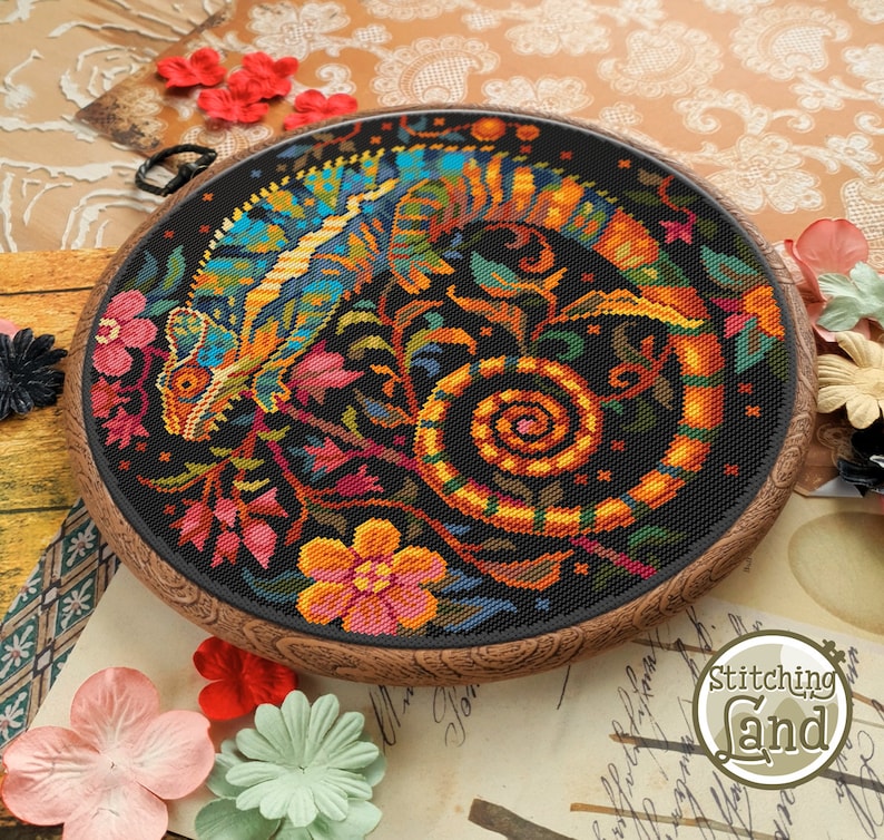 Chameleon Cross Stitch Pattern, Art Nouveau Cross Stitch, Floral Cross ...
