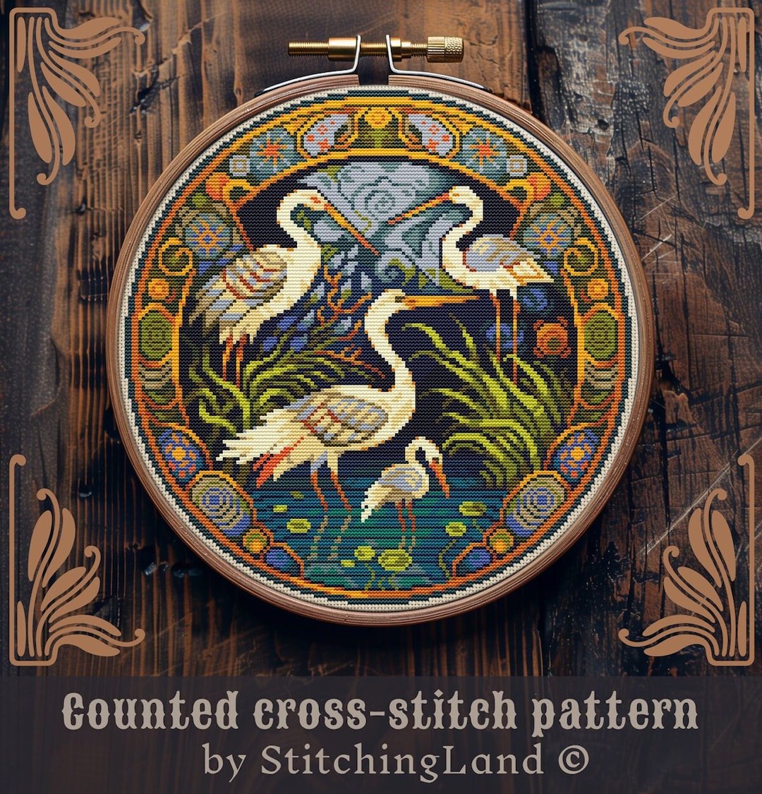 Art Nouveau Cross Stitch Pattern, Stork Cross Stitch, Retro Cross ...