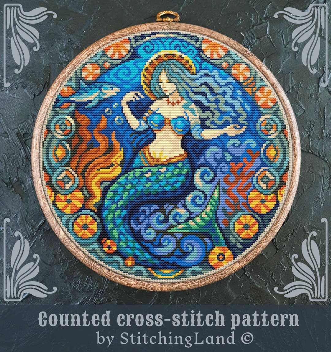 Mermaid Cross Stitch Pattern, Art Nouveau Cross Stitch Pattern, Fish ...