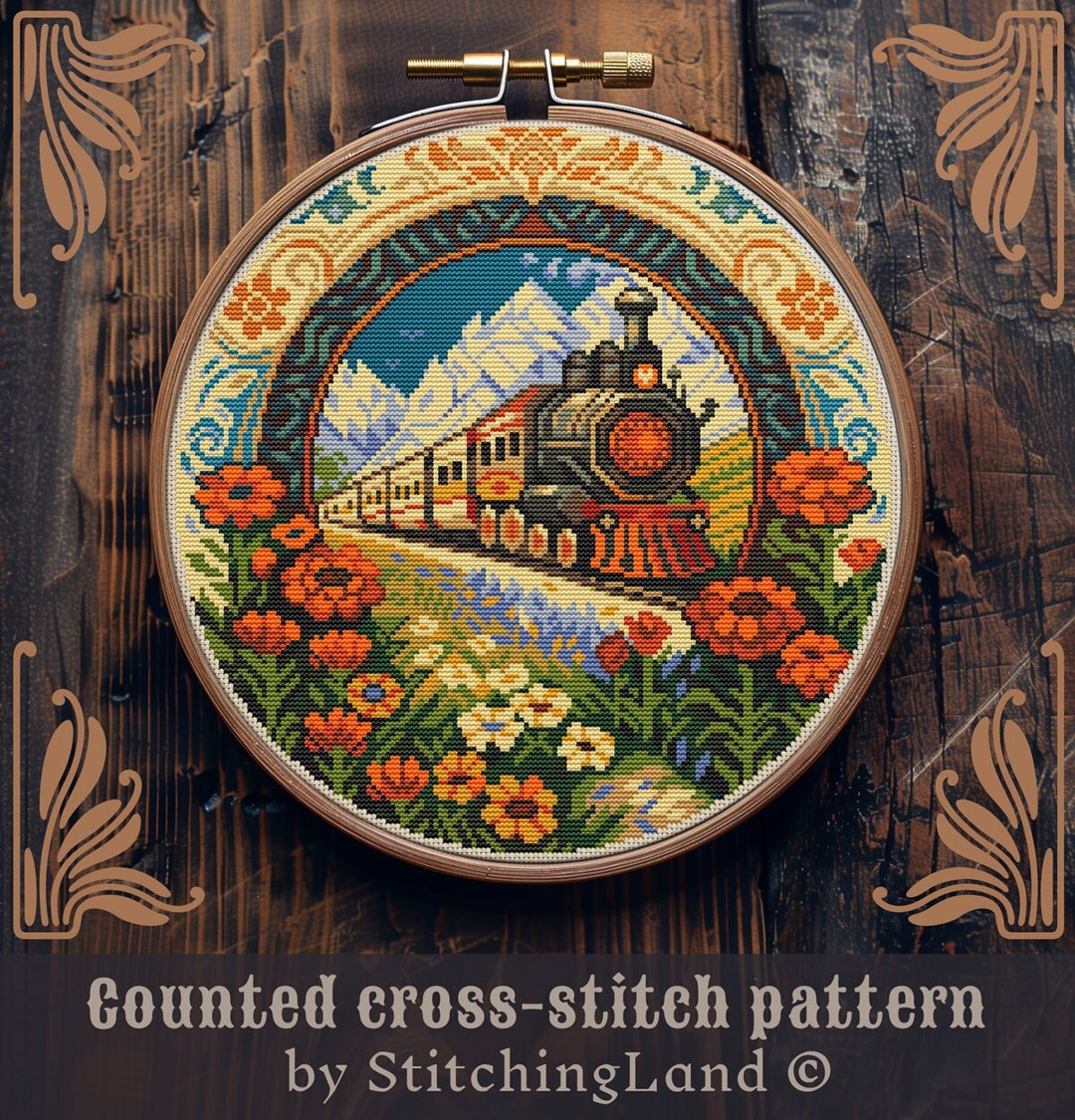 Art Nouveau Cross Stitch Pattern, Train Cross Stitch, Retro Cross ...