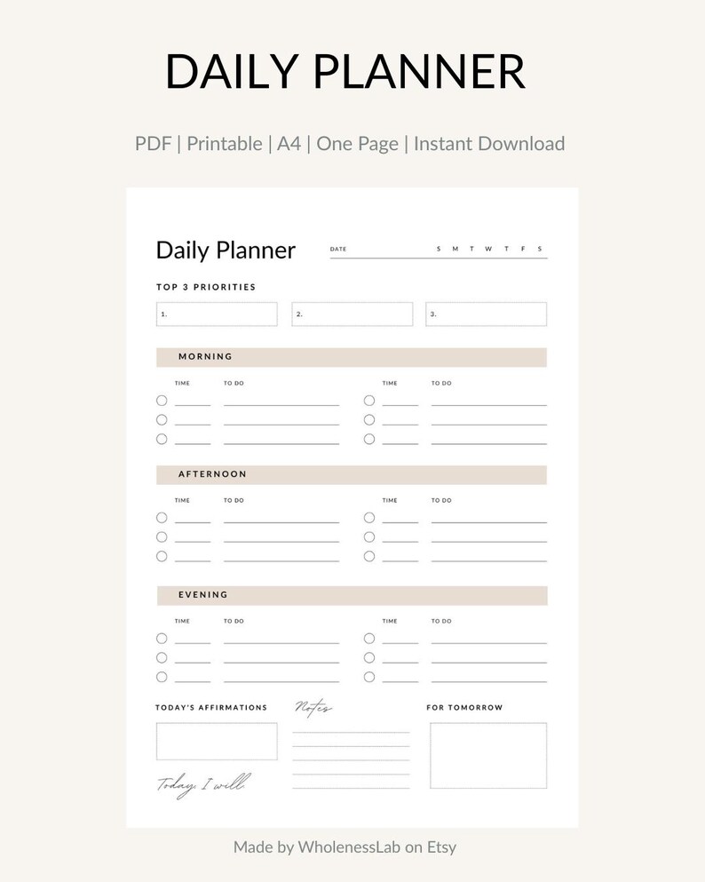 Minimalist Daily Planner | Printable PDF | A4 | 1 Page | Instant ...