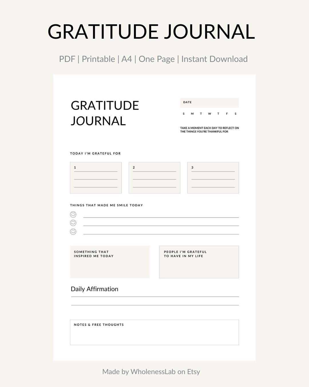 Daily Gratitude Journal – Printable A4 PDF | Positive Mindset, Daily ...