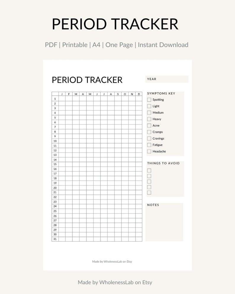 Period Tracker – A4 Printable Pdf – Symptom Log, Cycle Journal & Notes ...