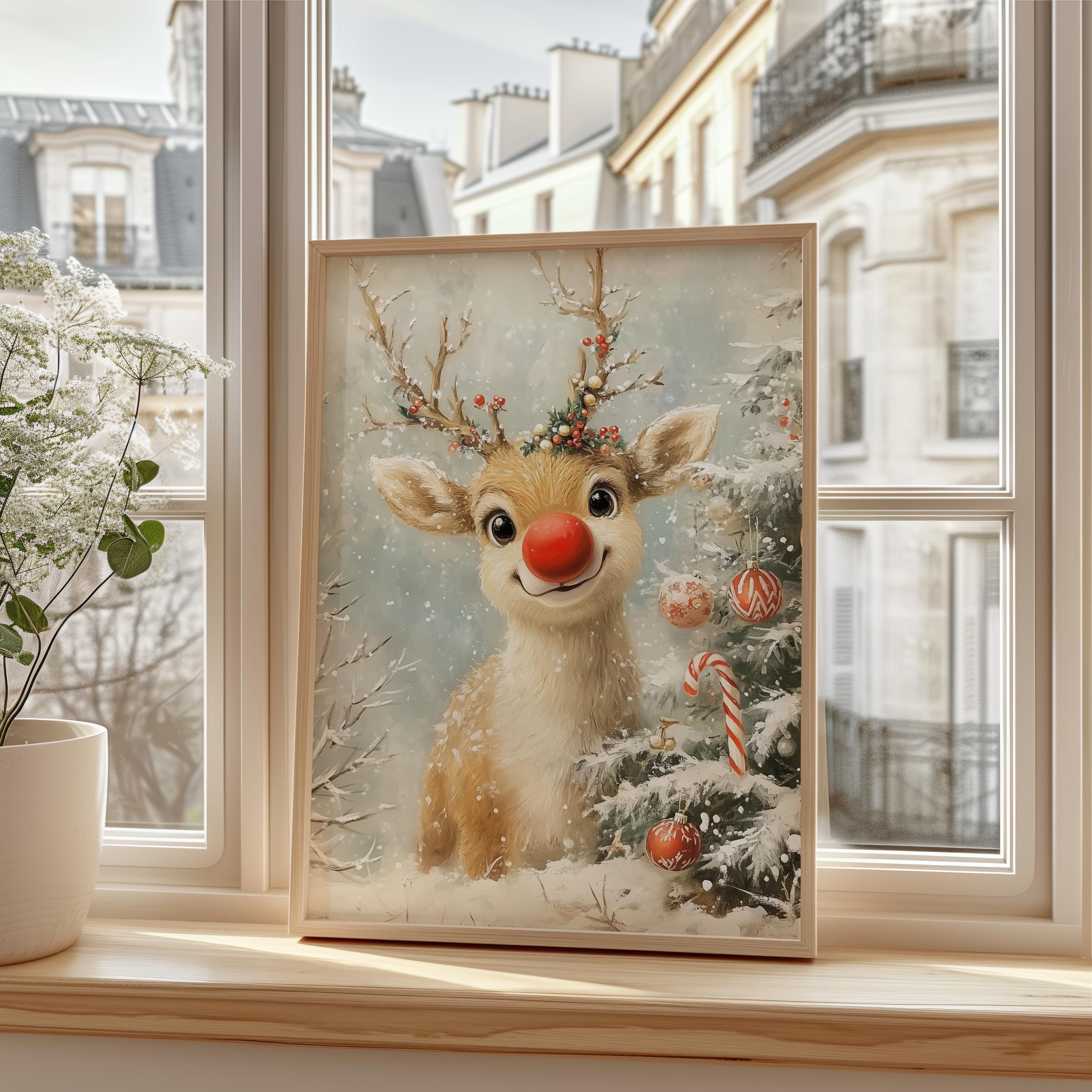 Rudolf Reindeer Oil Painting Art Print Christmas Holiday Decor Red Nose ...