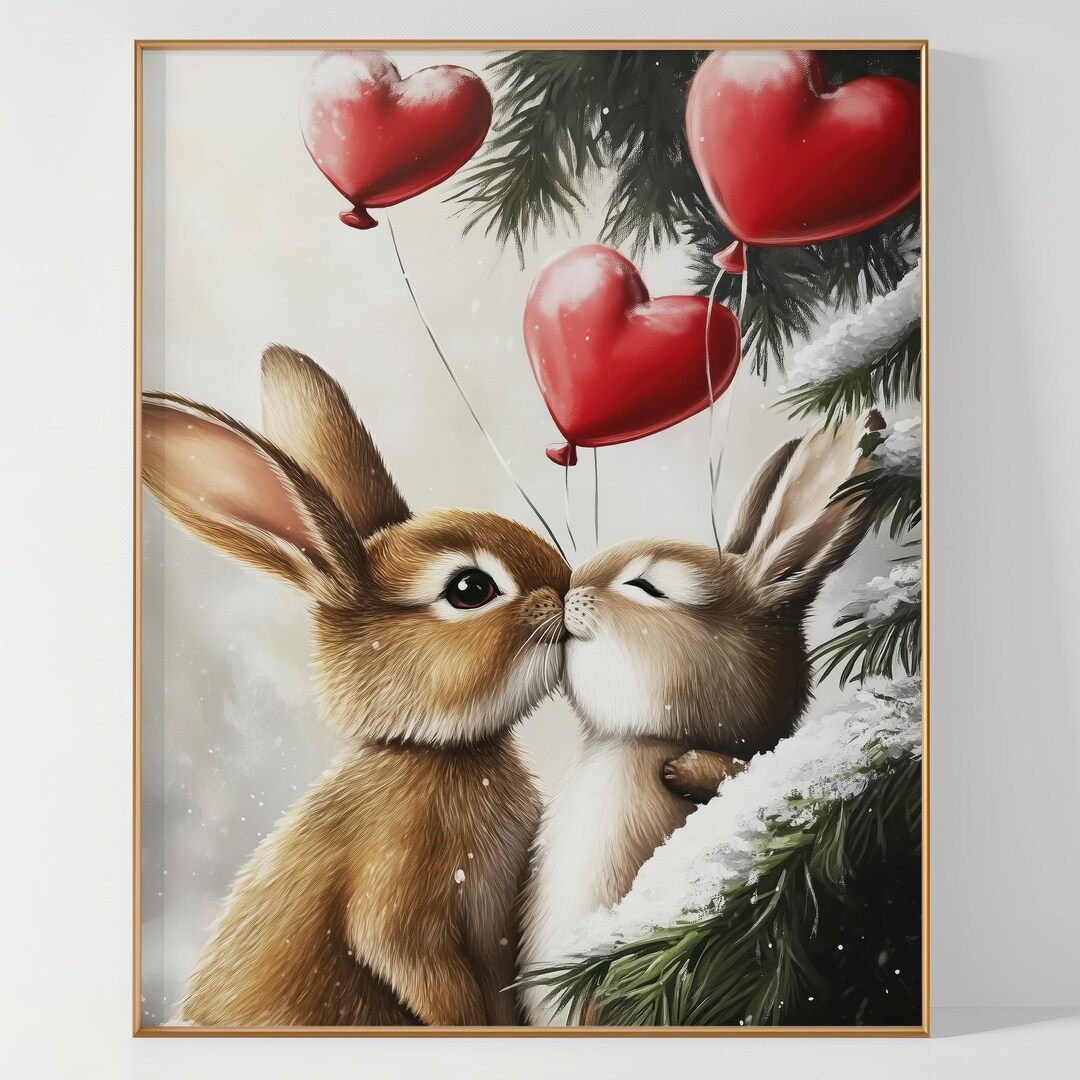 Romantic Bunny Couple Art Vintage Valentines Day Print Valentines Day ...