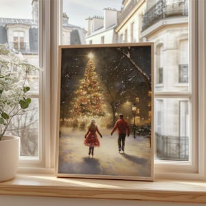 Winter Town Wall Art, Romantic Couple Ice Skating Painting, Printable ...