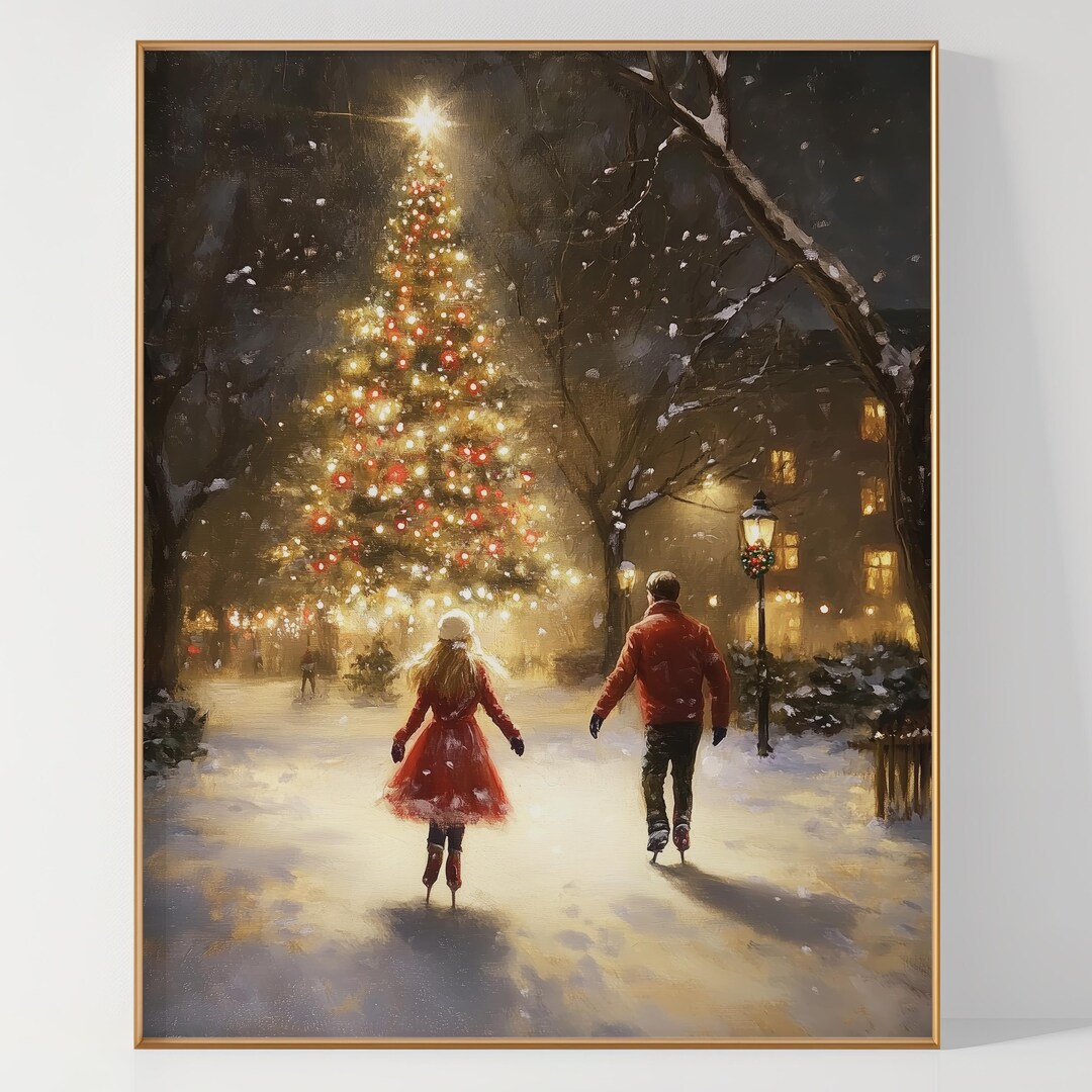 Winter Town Wall Art, Romantic Couple Ice Skating Painting, Printable ...