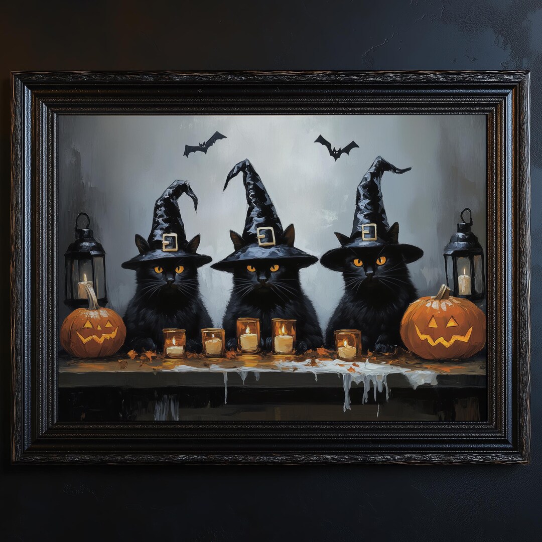 Halloween Black Cats Painting, Printable Vintage Halloween Black Cat ...