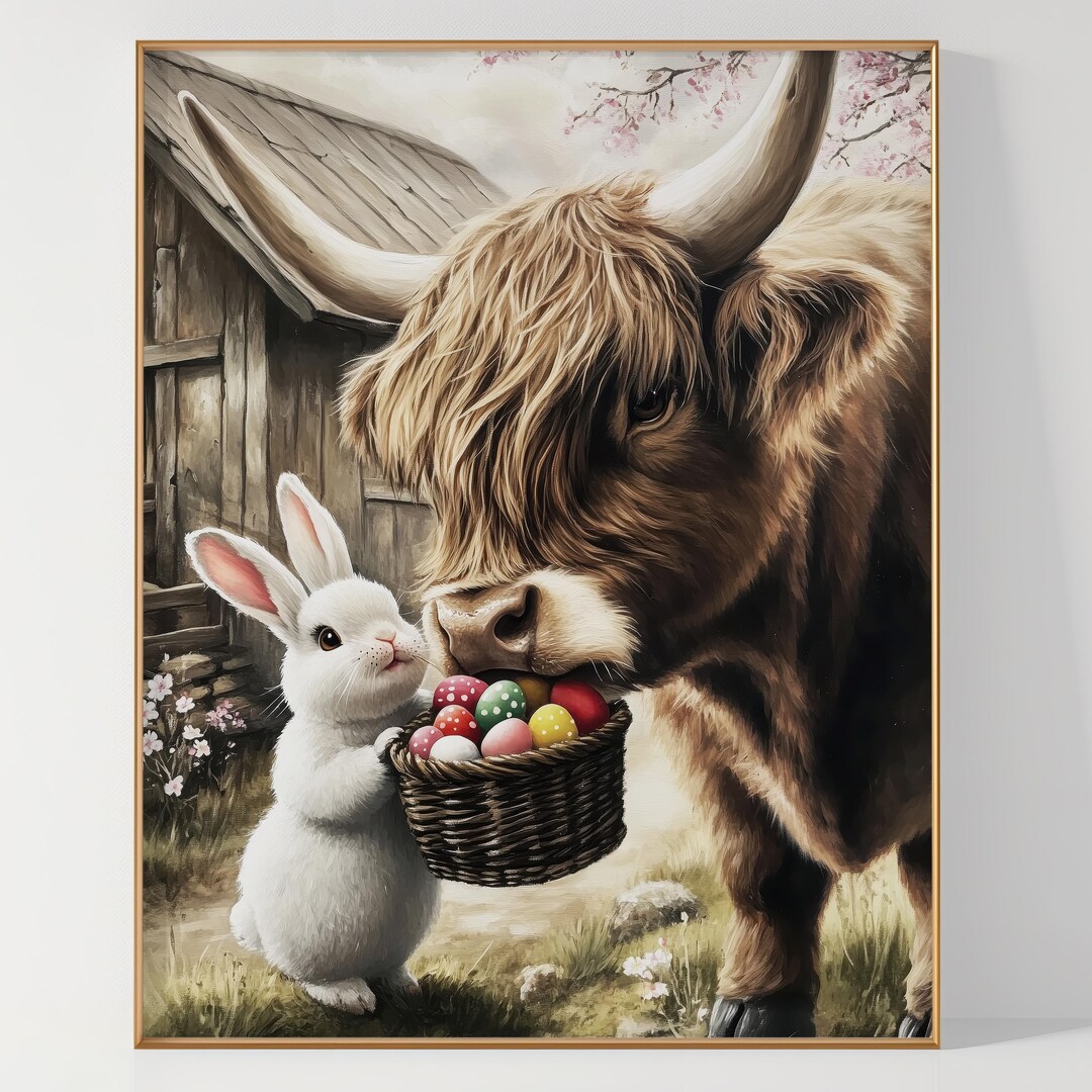 Easter Highland Cow Painting, Easter Rabbit Print Wall Decor, Moody ...