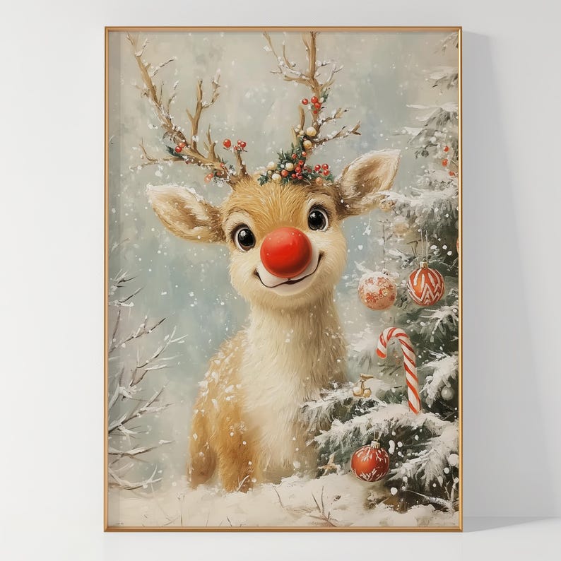 Rudolf Reindeer Oil Painting Art Print Christmas Holiday Decor Red Nose ...