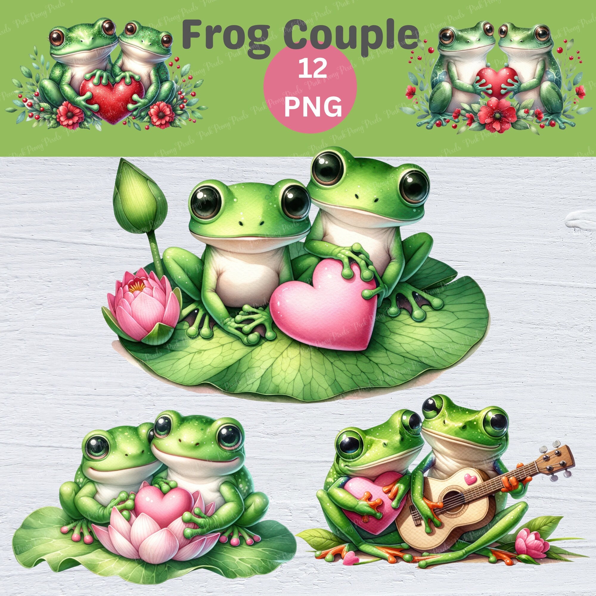 Watercolor Frog Couple Clipart Sublimination PNG, Cute Frog PNG Bundle ...
