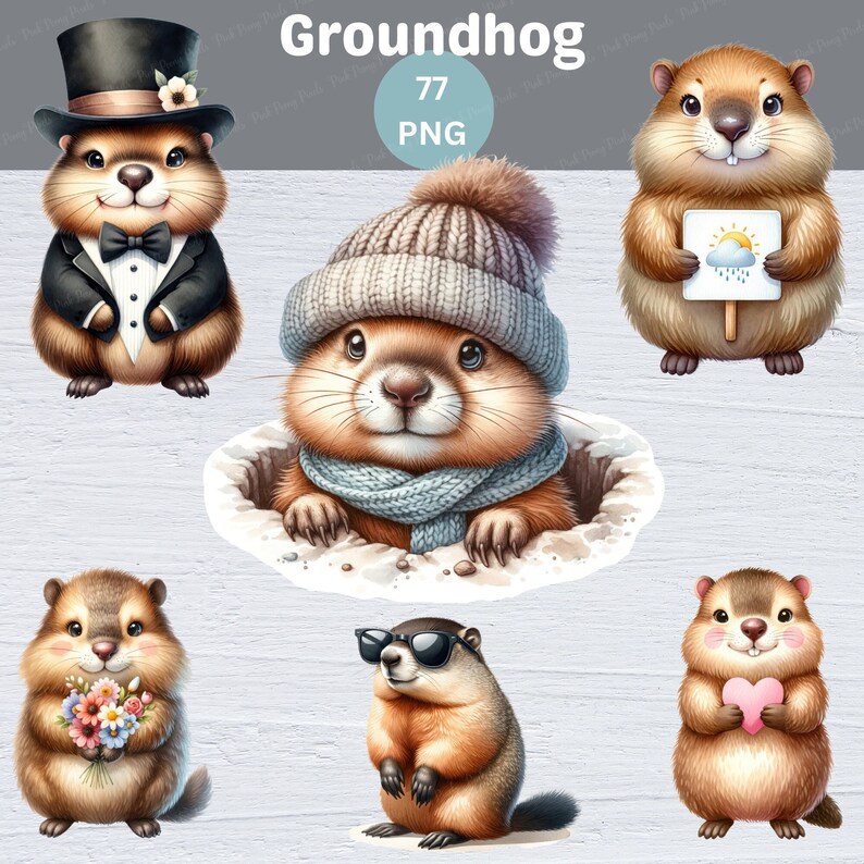 Groundhog Watercolor Clipart Sublimation Bundle 77 PNG, Adorable Cute ...