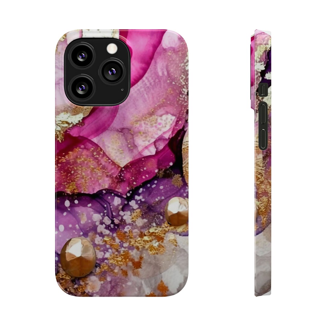Purple Pink and Gold Alcohol Ink Style Watercolor Wavy iPhone 14 15 Pro ...
