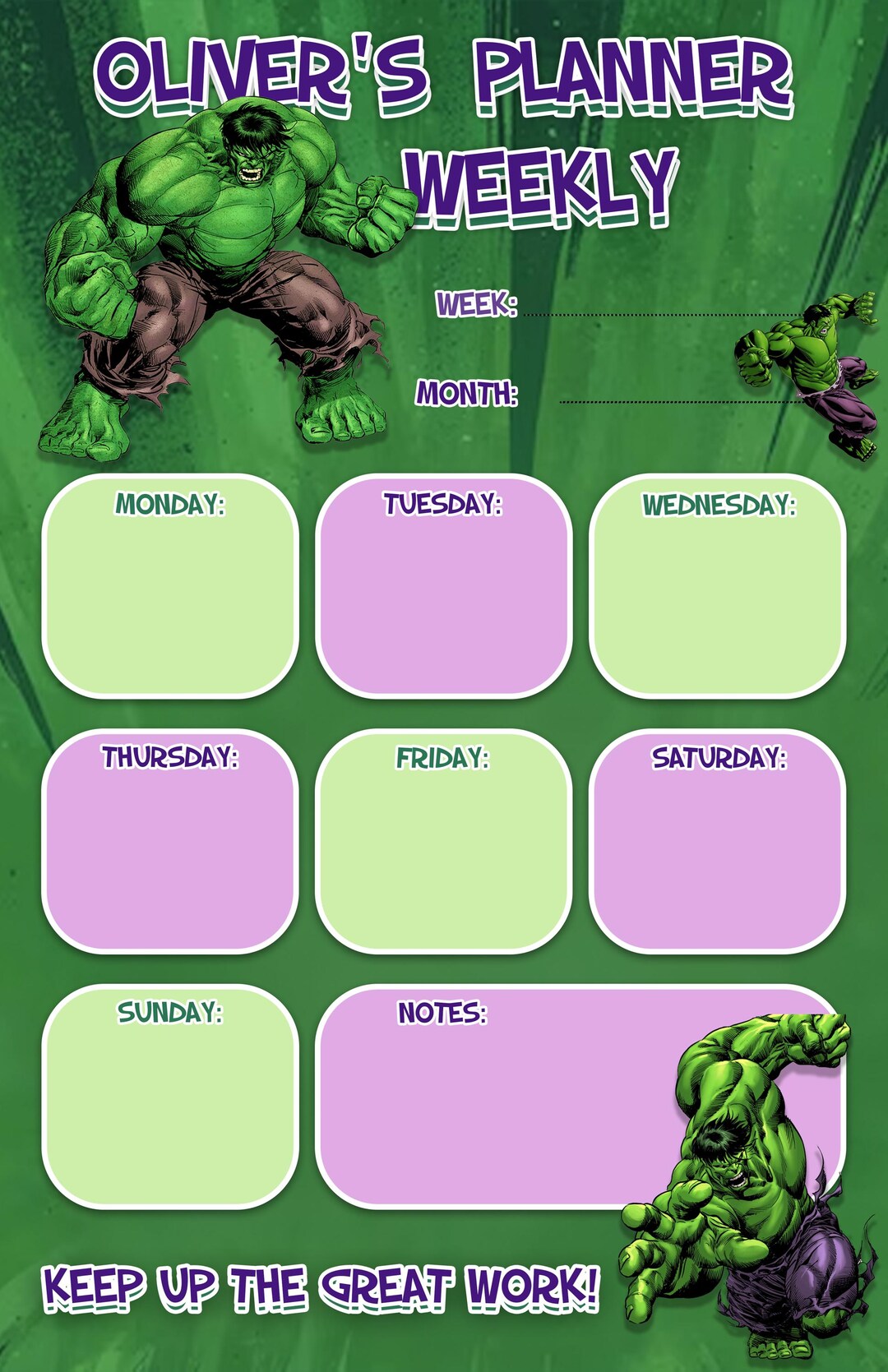 Hulk - Weekly Planner for Kids With Personalized Motivational Quote and ...