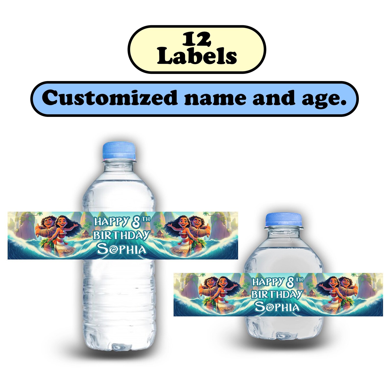 Moana Waterproof Stickers Party Labels Customizable With Name and Age ...