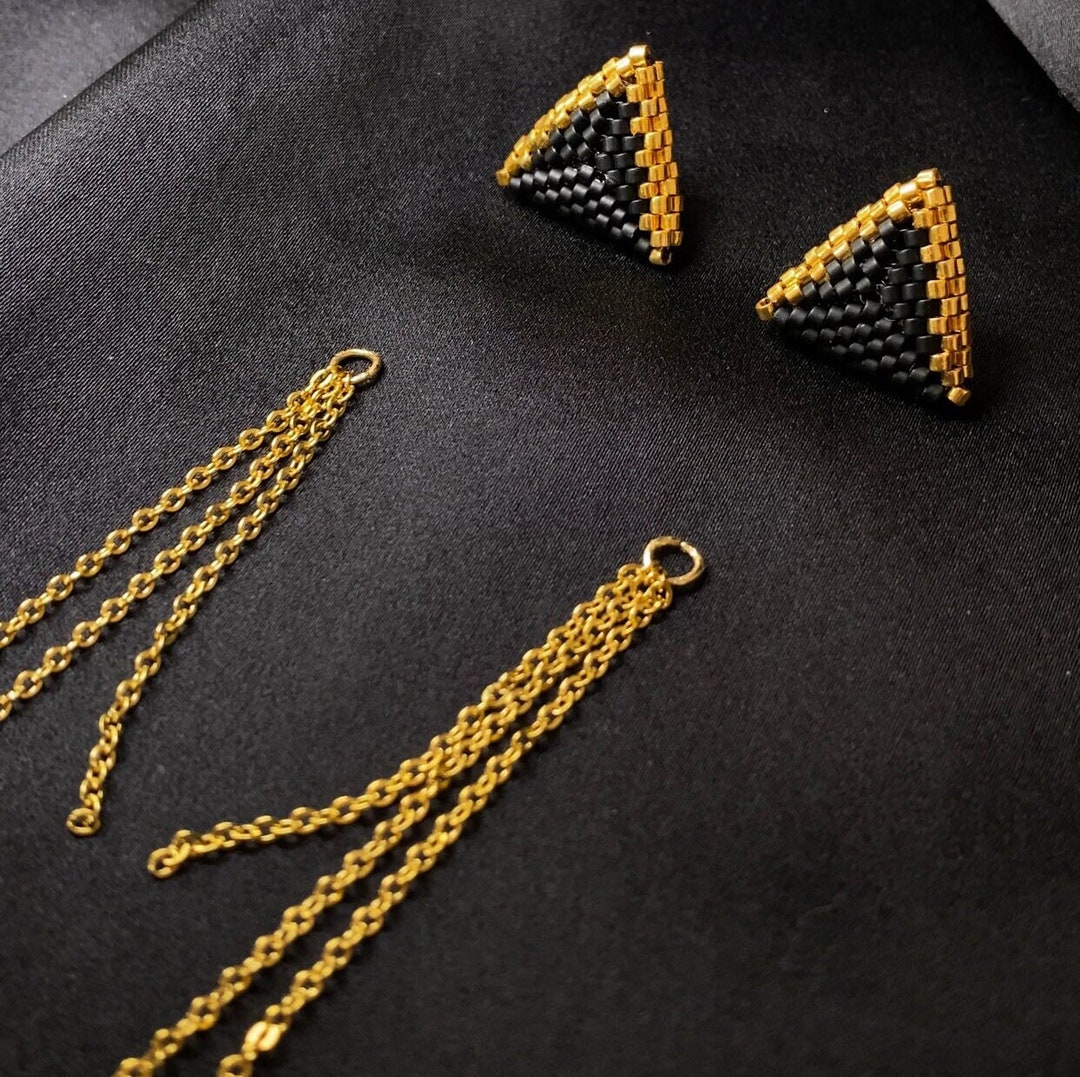 Triangular Earrings With Chain Beaded Earrings 2 in 1 Classic Triangle ...