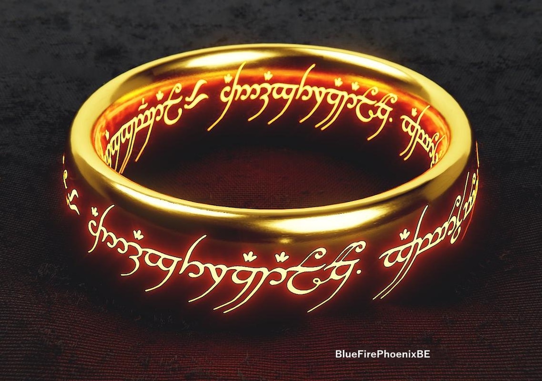 Gold Rune Ring – Engraved Titanium Fantasy Band – Wedding or Engagement ...