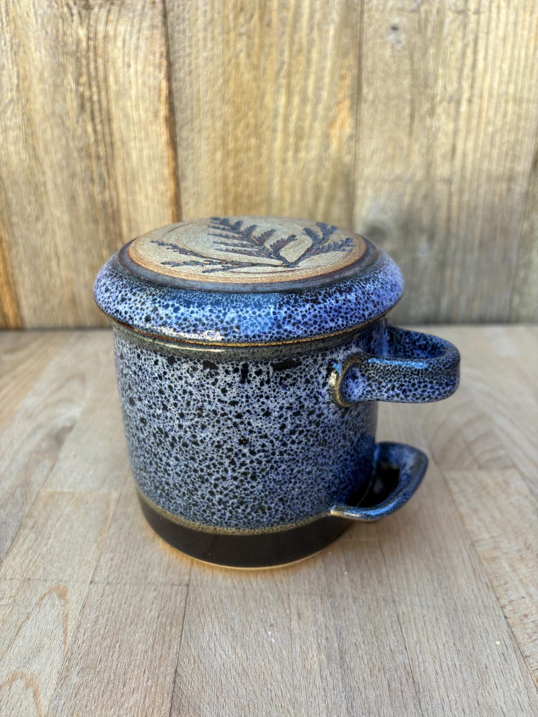 Blue Stoneware Ceramic Pickle Jar With Debossed Cedar Leaf on Lid - Etsy