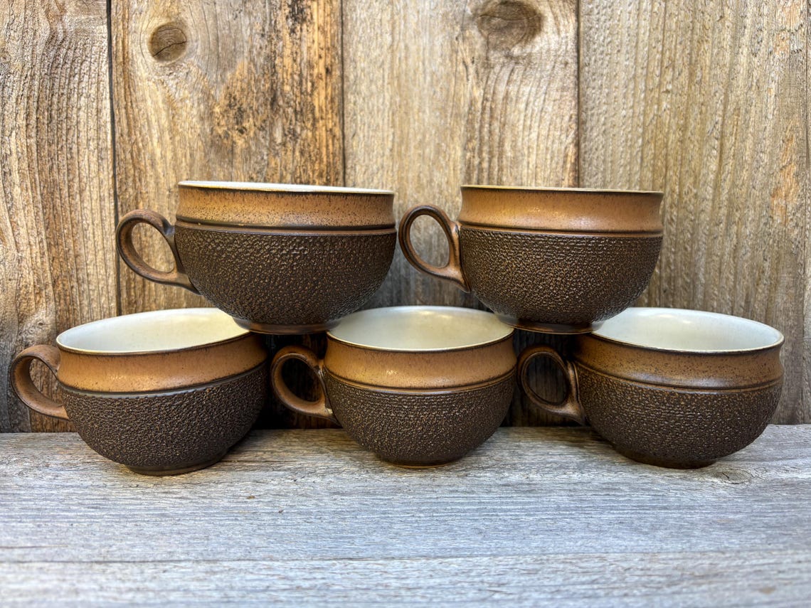 Denby Cotswold Pattern Cups and Saucers - MCM Stoneware Made in England ...