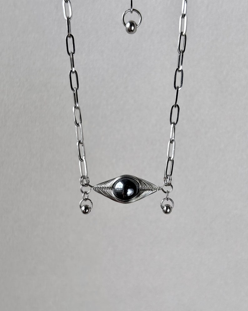 Evil Eye Paperclip Necklace for Men. Hematite Eye and Stainless Steel ...
