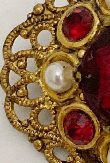 Antique German Ruby Rhinestone, Pearl & Gold Filigree Brooch - Etsy