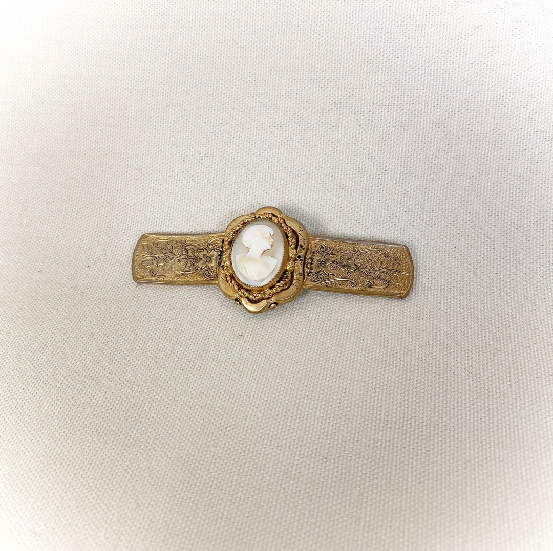 Antique 1900s Gold Filled Cameo Bar Brooch - Etsy