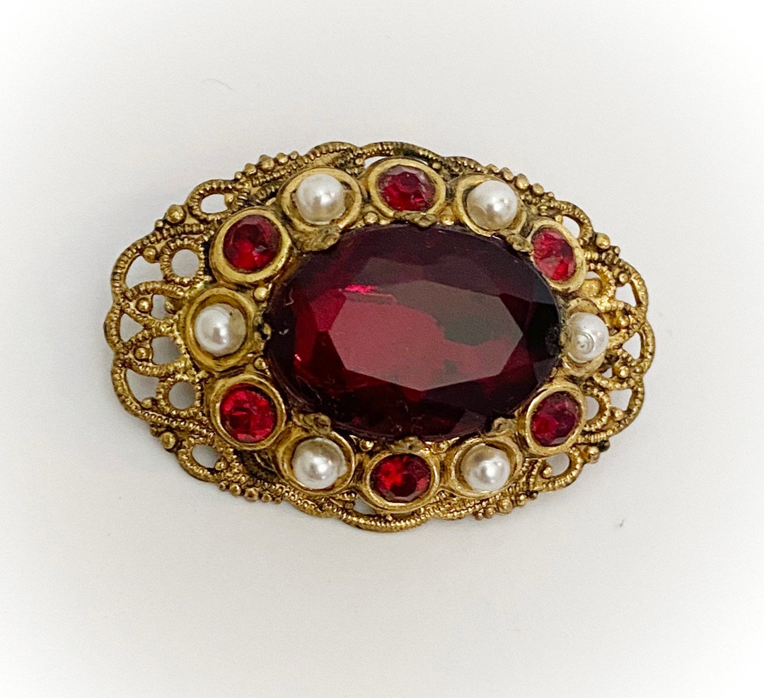 Antique German Ruby Rhinestone, Pearl & Gold Filigree Brooch - Etsy