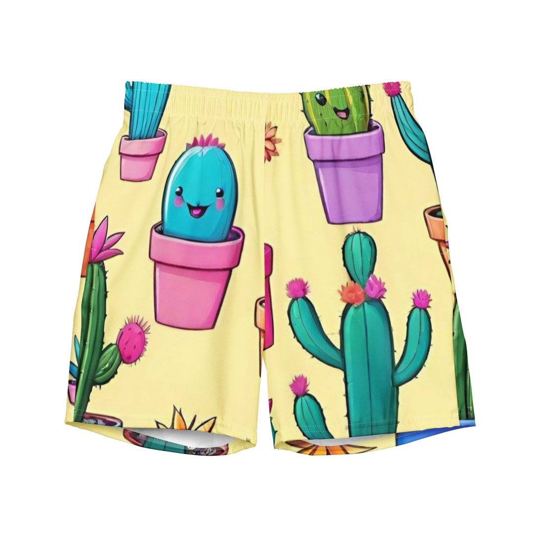Whimsical Cactus Art Men's Swim Trunks Happy Cacti & Succulents in Pots ...