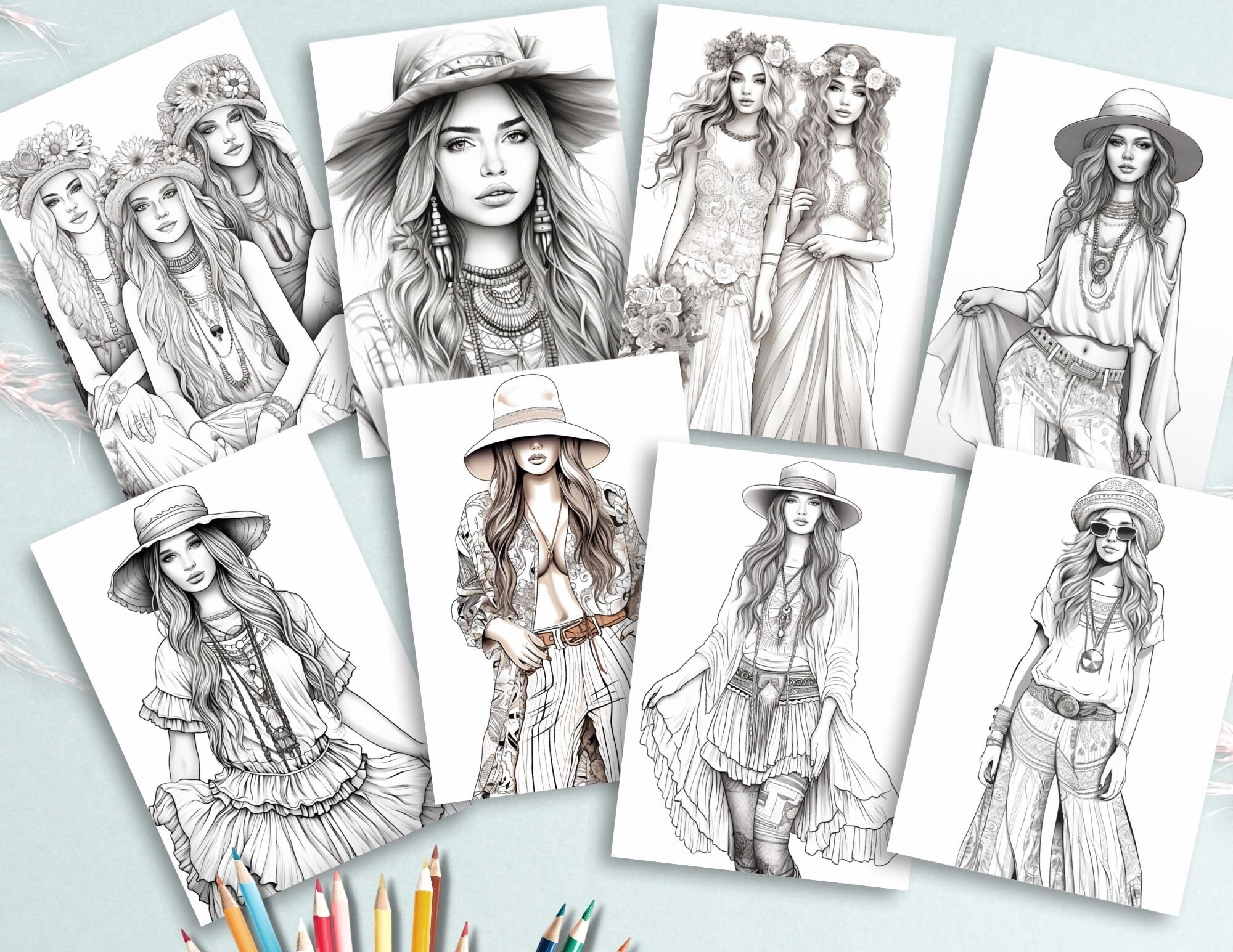 Boho Fashion Coloring Pages for Women: Beautiful Models in Bohemian ...