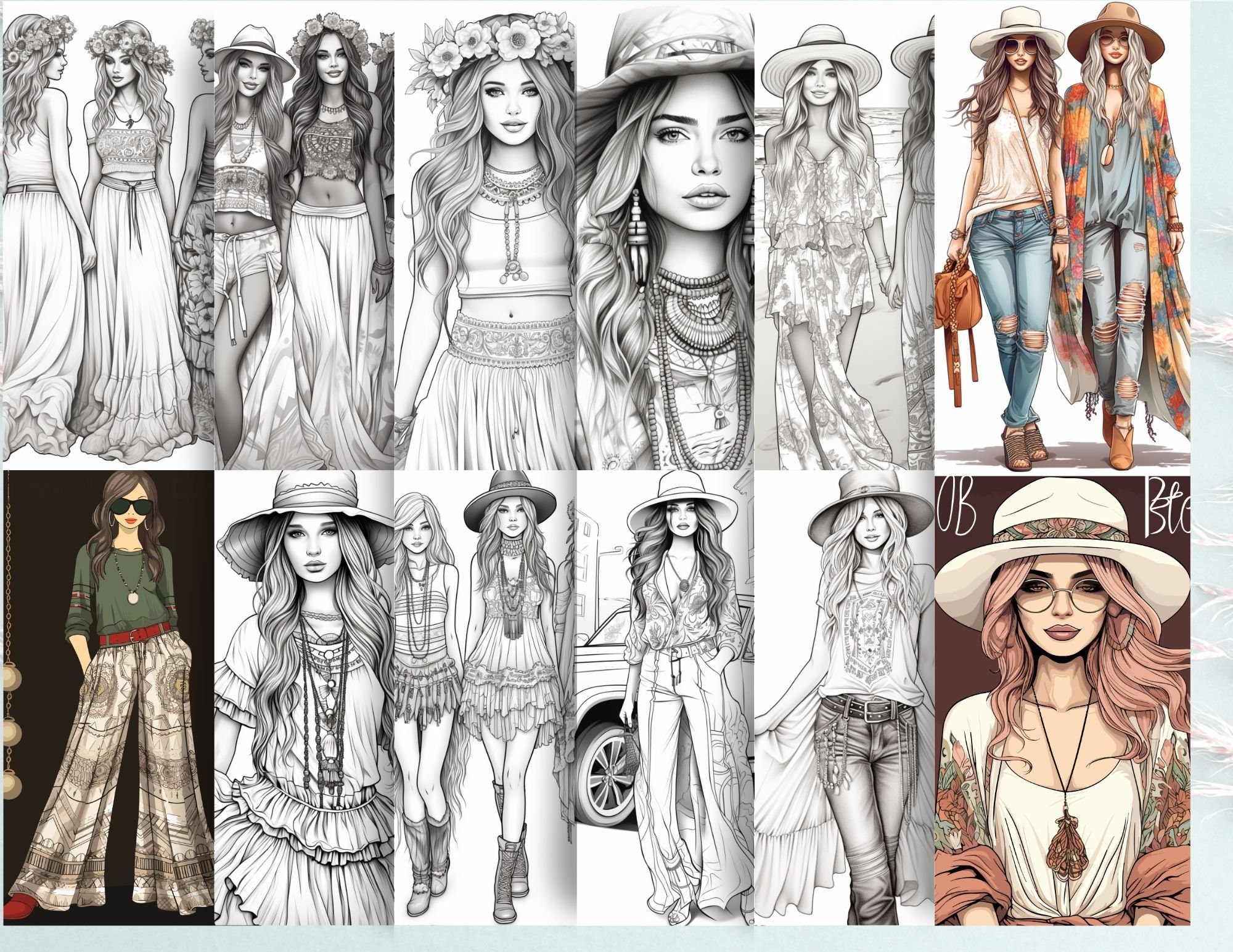 Boho Fashion Coloring Pages for Women: Beautiful Models in Bohemian ...
