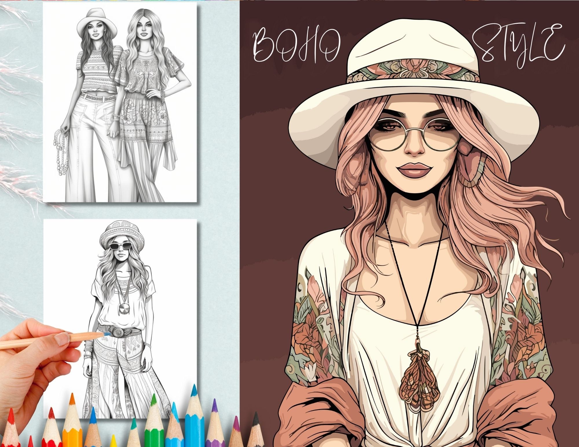Boho Fashion Coloring Pages for Women: Beautiful Models in Bohemian ...