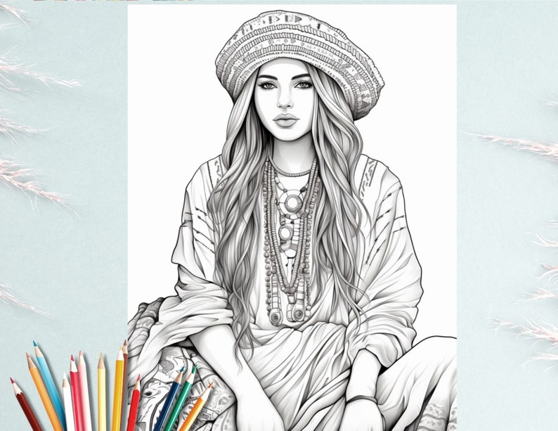 Boho Fashion Coloring Pages for Women: Beautiful Models in Bohemian ...