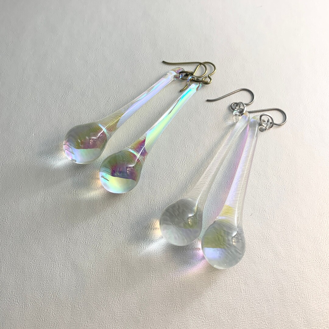 Aurora Borealis Clear GLASS Drops on 100% PURE Titanium Earring Hooks ...