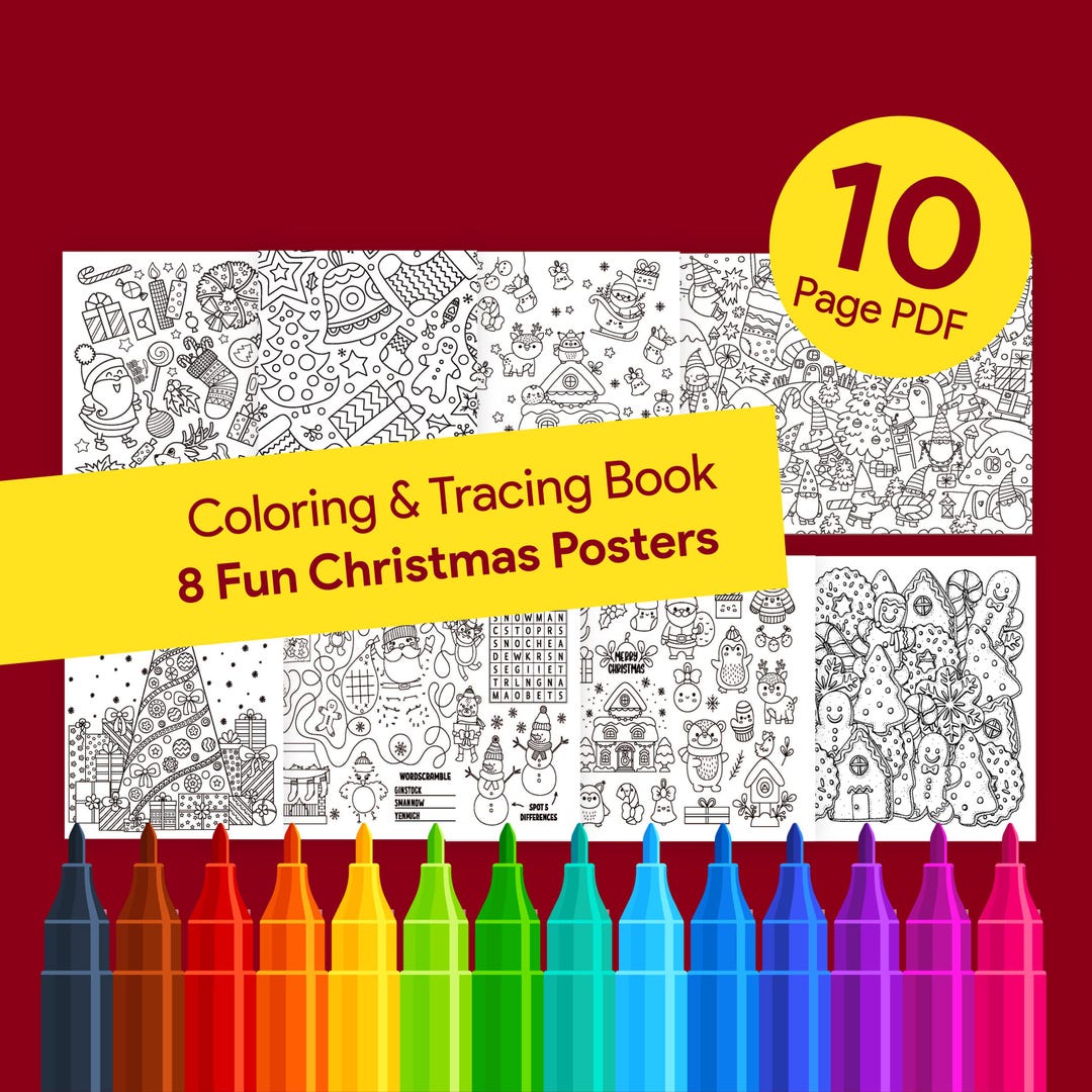 8 Fun Christmas Posters Coloring and Tracing Book Multi Page PDF Vector ...