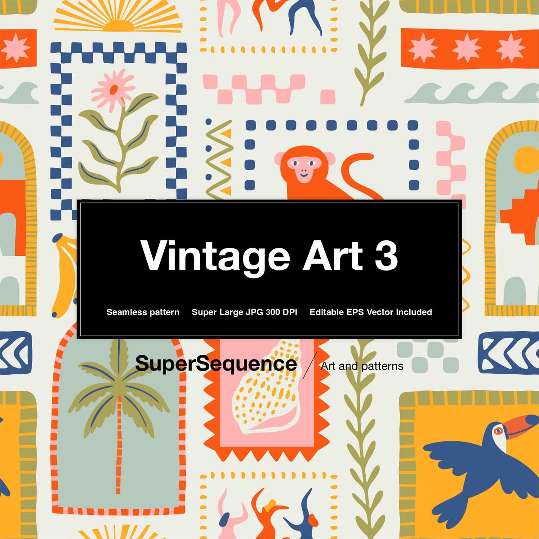 Vintage Art 3 Illustrated Pattern - Vector Seamless Repeat Pattern ...