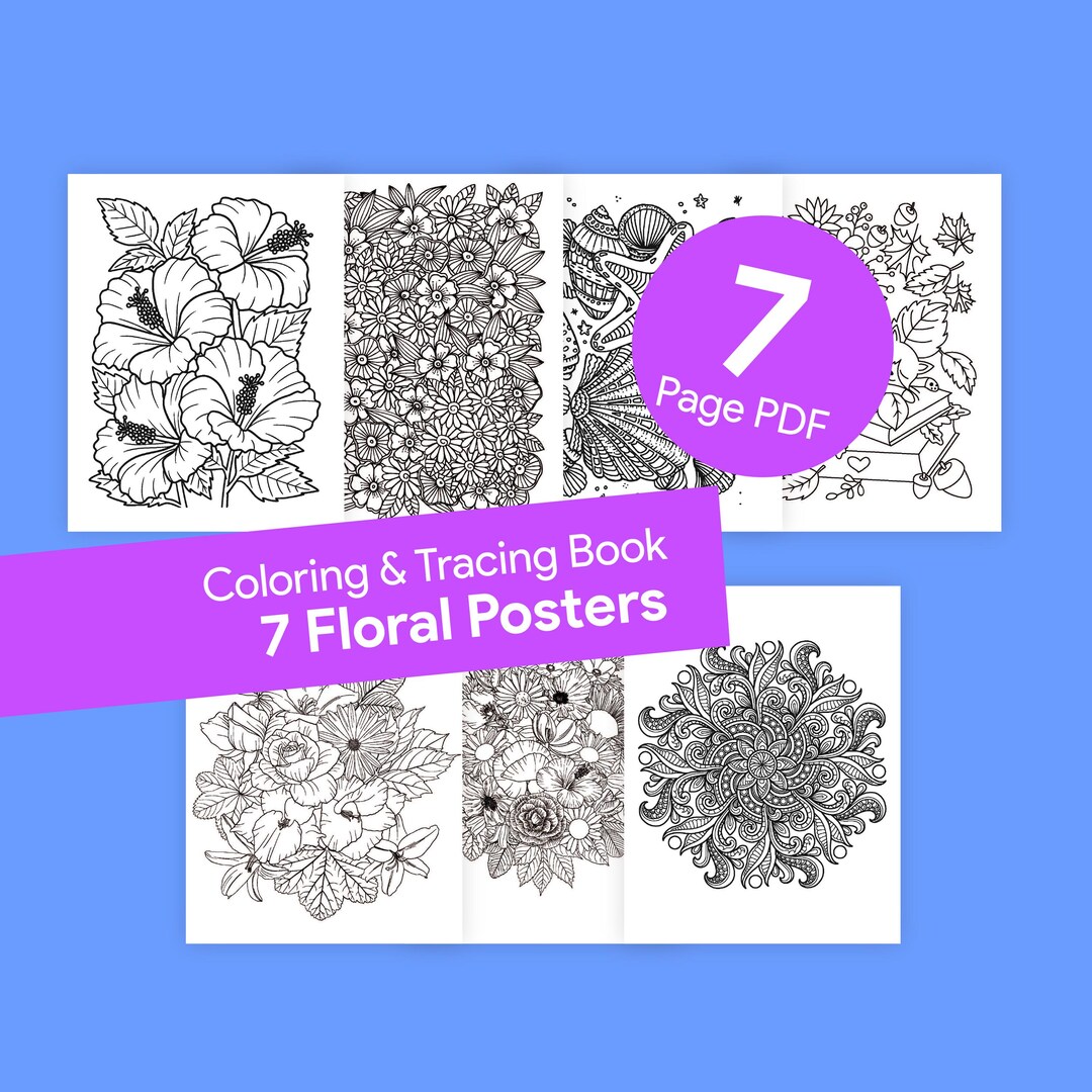 7 Fun Floral Coloring and Tracing Book - Multi Page PDF Vector Download ...