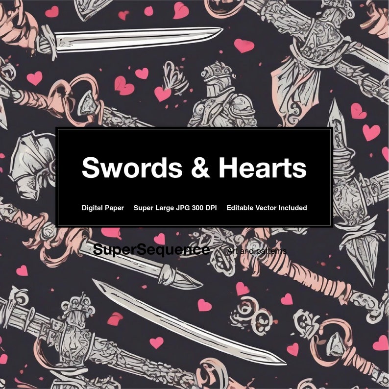 Swords Hearts RPG Fantasy Digital Paper Hand-drawn Illustration Pattern ...