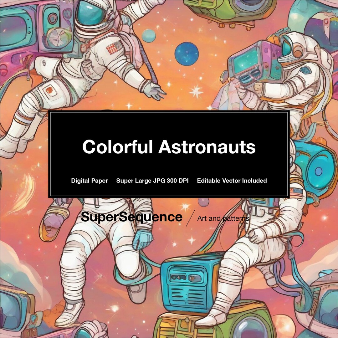 Colorful Space Astronauts Digital Paper Hand-drawn Illustration Pattern ...