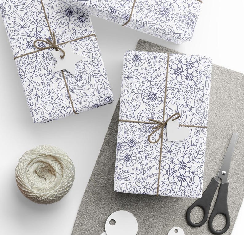 Floral Beautiful Blue Line Art - Wrapping Paper Long Roll 28" X 79 ...