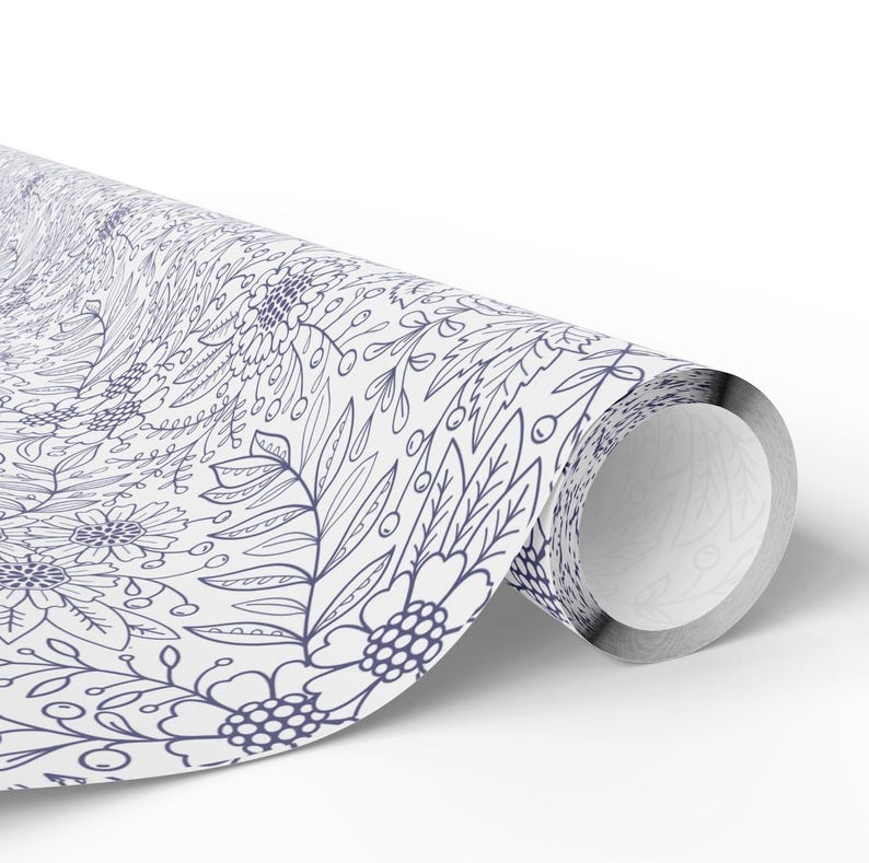 Floral Beautiful Blue Line Art - Wrapping Paper Long Roll 28" X 79 ...