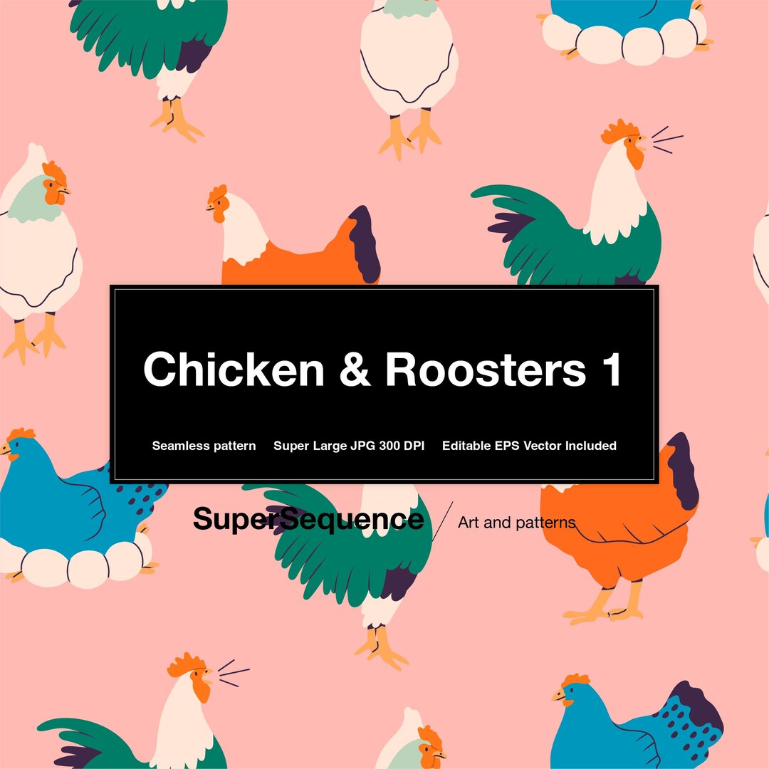 Chicken & Roosters Illustrated Pattern - Vector Seamless Repeat Pattern ...